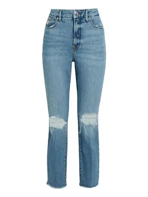 Good American Good Classic Distressed High Rise Slim Leg Jeans - Mid Denim