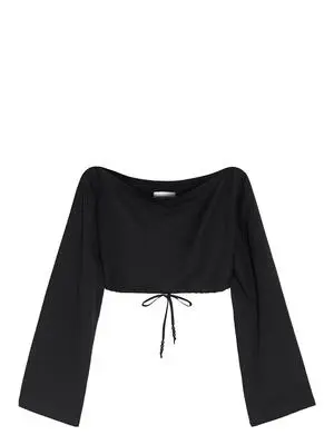 Solid & Striped Cropped Bead-embellished Linen-blend Top - Black
