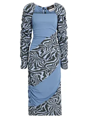 GANNI Ruched Printed Midi Dress - Light Blue