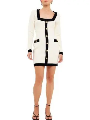 Endless Rose Contrast Trim Knit Mini Dress - Cream/ Black