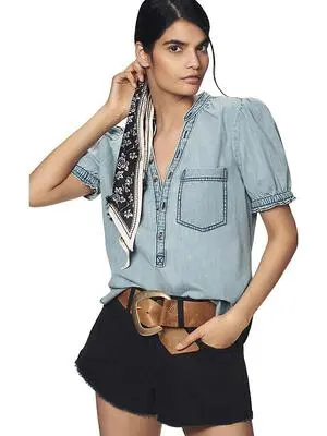 PILCRO Aly Denim Puff-Sleeve Blouse Light Denim