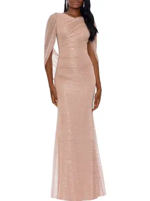 Betsy & Adam Betsy & Adam Metallic Drape Sleeve Sheath Gown Champagne