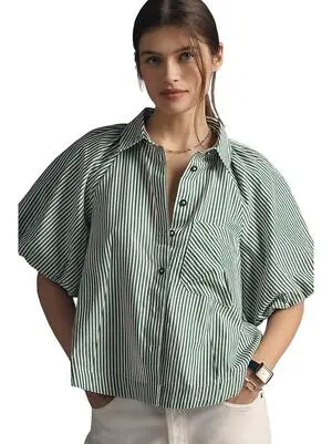 Maeve The Zooey Bubble-sleeve Blouse - Green & White Stripe
