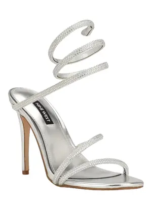 Nine West Maskill Rhinestone Ankle Wrap Sandals Silver 040