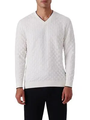 Bugatchi Basketweave Stitch V-neck Sweater - Chalk