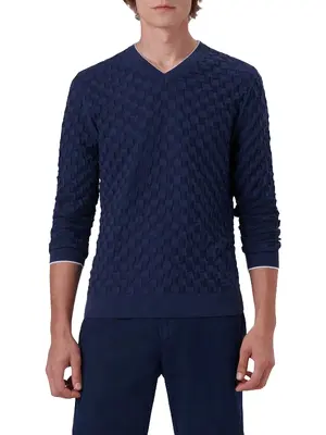 Bugatchi Bugatchi Basketweave Stitch V-neck Sweater Navy