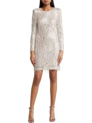 Eliza J Sequin Fringed Long Sleeve Dress - Silver