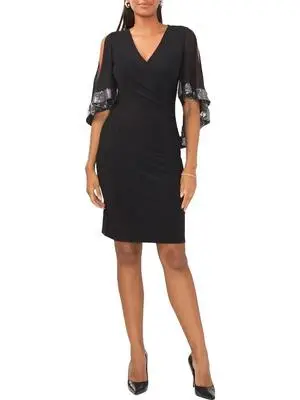 Chaus Sequin Trim Cape Sheath Dress Black