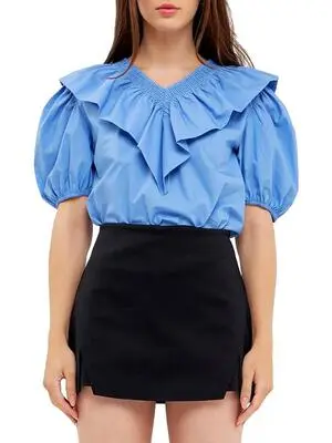 English Factory Smocked Ruffle Puff Sleeve Blouse - Oxford Blue