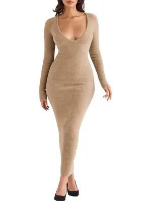 House Of Cb Long Sleeve V-neck Maxi Sweater Dress - Camel