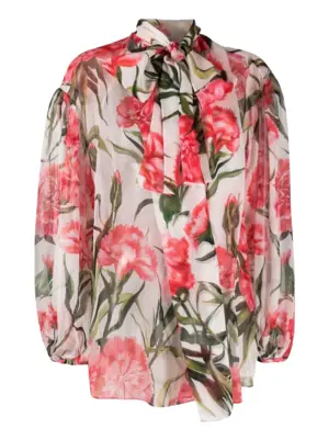 DOLCE & GABBANA Dolce & Gabbana Carnation-Print Tie-Neck Silk Blouse