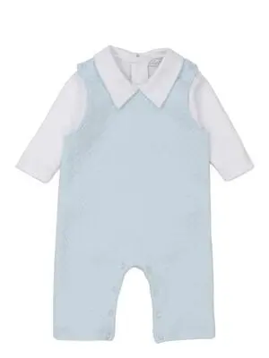 KISSY KISSY Collared Bodysuit & Jacquard Overalls Set - Light Blue/ White