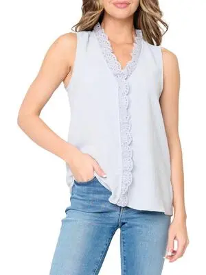 GIBSONLOOK Embroidered Eyelet Trim Button-up Top - Sky Blue