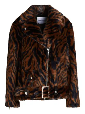 STAND STUDIO Leana Zebra-Print Biker Jacket Animal Print