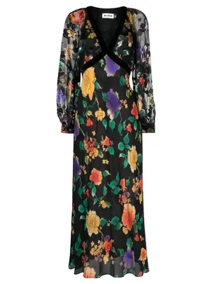 Rixo Ayla Floral-print Silk Midi Dress - Black