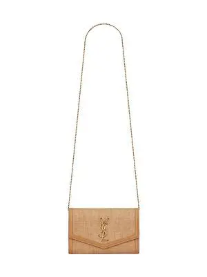 Saint Laurent Uptown Micro Raffia Chain Wallet - Natural Hay & Blush