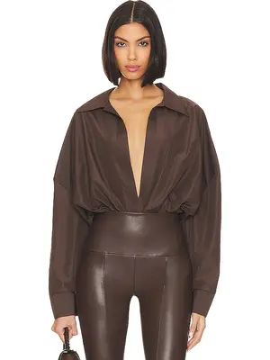 Norma Kamali Oversized Boyfriend Shirt Bodysuit - Chocolate