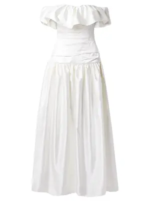 SANDRA MANSOUR Stillness Off-the-shoulder Gathered Ruched Silk-satin Gown - Ecru