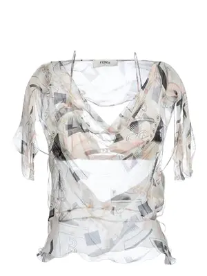 Fendi Geometric-print Silk Top - Beige