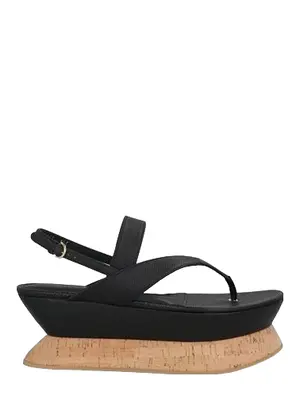 FERRAGAMO Leather Thong Wedge Sandals - Black