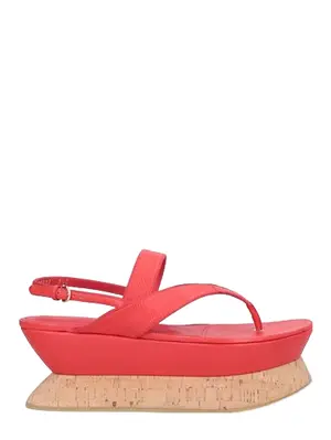 FERRAGAMO Leather Thong Wedge Sandals - Red