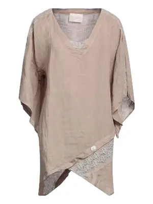 ELISA CAVALETTI BY DANIELA DALLAVALLE Woven Kaftan Top With Bell Sleeves Beige