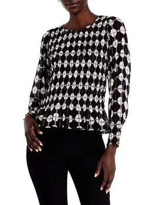 NIC+ZOE Printed Smocked Chiffon Top - Black Multi