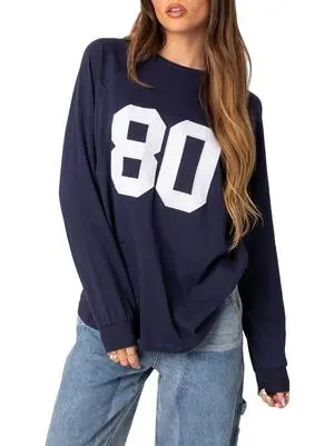 EDIKTED 80 Oversize Long Sleeve Cotton Graphic T-shirt - Navy