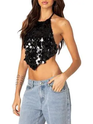 EDIKTED Caelia Sequin Halter Crop Top - Black