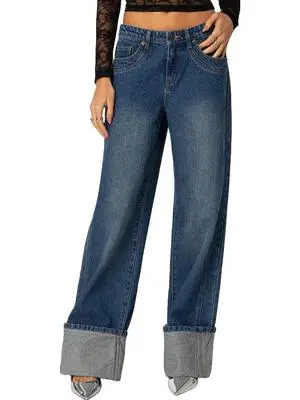 EDIKTED Vesper Cuffed Wide Leg Jeans - Blue
