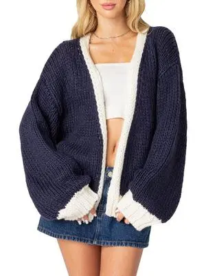 EDIKTED Colorblock Chunky Knit Cardigan - Navy