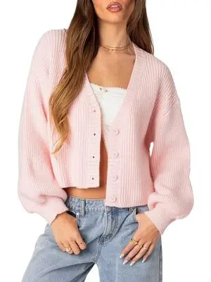 EDIKTED Sabrina Bishop Sleeve Crop Cardigan - Light-pink