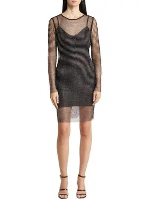 BEBE Rhinestone Mesh Long Sleeve Mini Dress