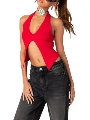 EDIKTED Sculpt Split Front Halter Top - Red