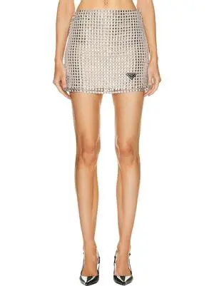 Prada Rhinestone Embroidered Mesh Mini Skirt - Silver