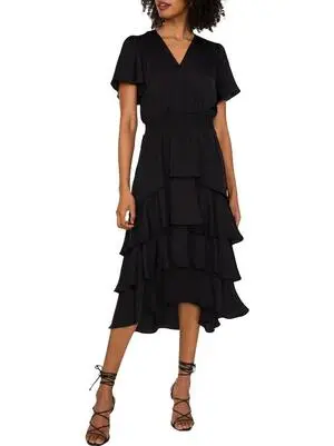 Vince Camuto Flutter Sleeve Tiered Dress - Rich Black