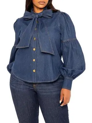 BUXOM COUTURE Bow-tie Neck Denim Shirt - Denim Blue
