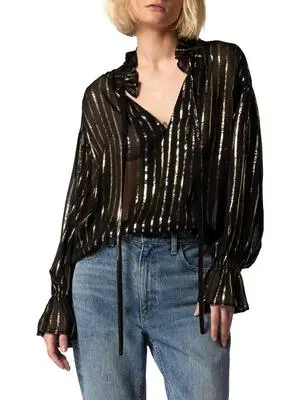 Equipment Farah Stripe Metallic Blouse - True Black And Gold Metallic