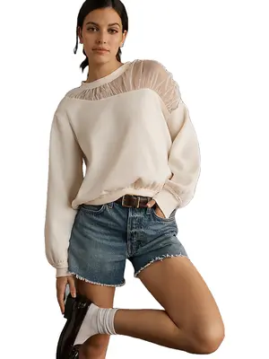 Maeve Sheer-Shoulder Pullover Knit Top White