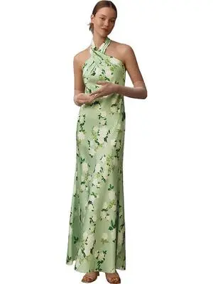 Bhldn Ruby Twist Halter Satin Gown - Spring Green Peony Bouquet