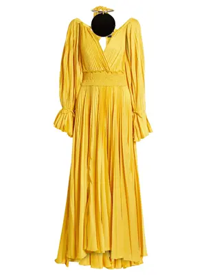 Balmain Cutout Embellished Pleated Satin Maxi Dress - Yellow