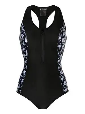 DUSKII Floral-print Zip-up Swimsuit - Black