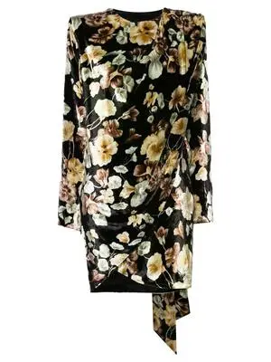 Saint Laurent Floral-print Velvet Wrap Dress - Black