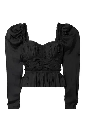 Ulla Johnson Mia Ruched Satin Peplum Blouse Black