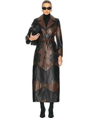 Nour Hammour Sonja Patchwork Leather Trench Coat - Black  Umber  & Walnut