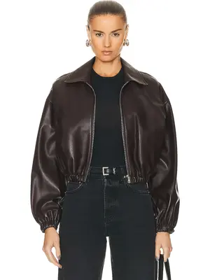 Nour Hammour Luna Cropped Leather Bomber Jacket - Dark Chocolate