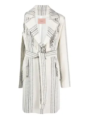 TWINSET Jacquard Fringed Coat - White