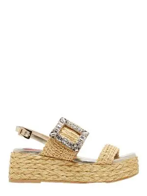 ROGER VIVIER Crystal-buckle Raffia Platform Sandals - Neutral