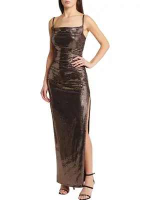 Lulus Sequin Slit Dress - Copper
