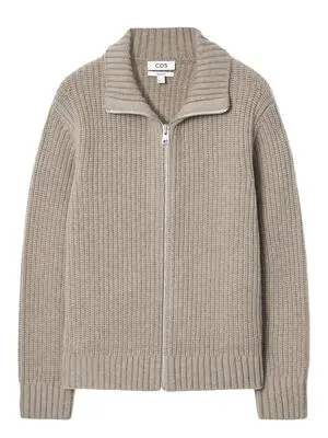 Cos Funnel-Neck Knitted Wool Jacket Beige